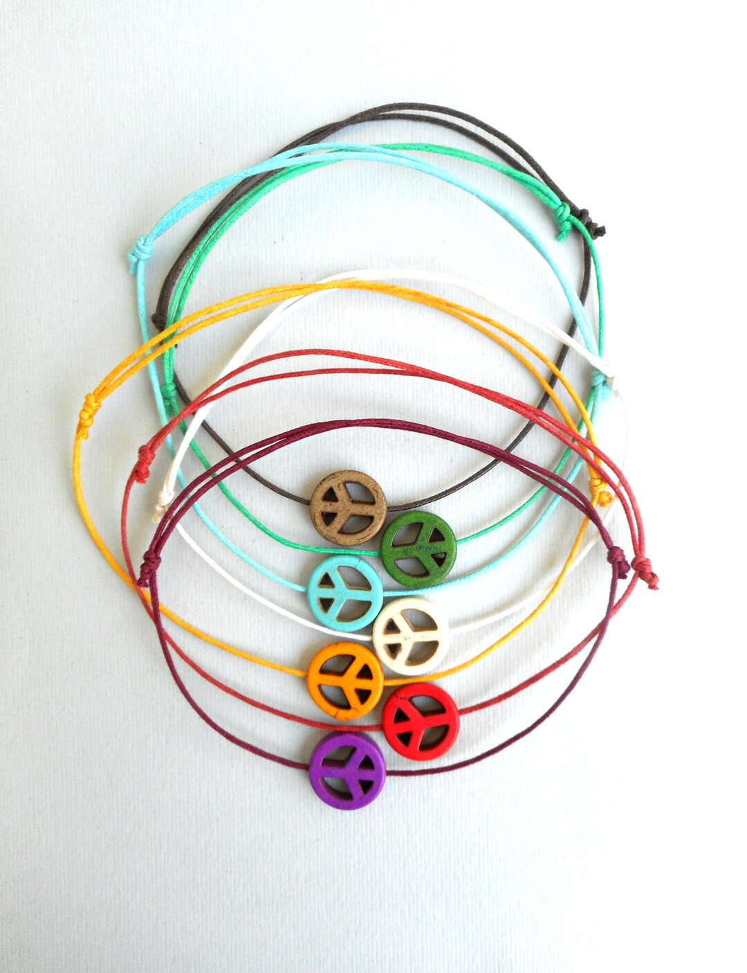 Peace Symbol String Ankle Bracelet Howlite Stone Waxed Cotton Cord ...