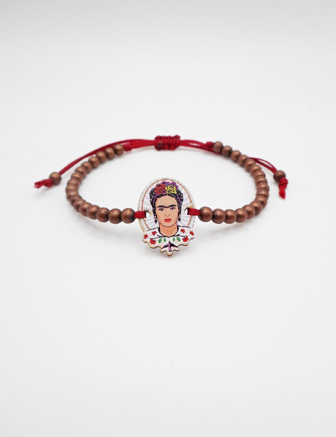 Frida Kahlo Wood Charm Bracelet: Copper Beads, Adjustable Macrame - Etsy