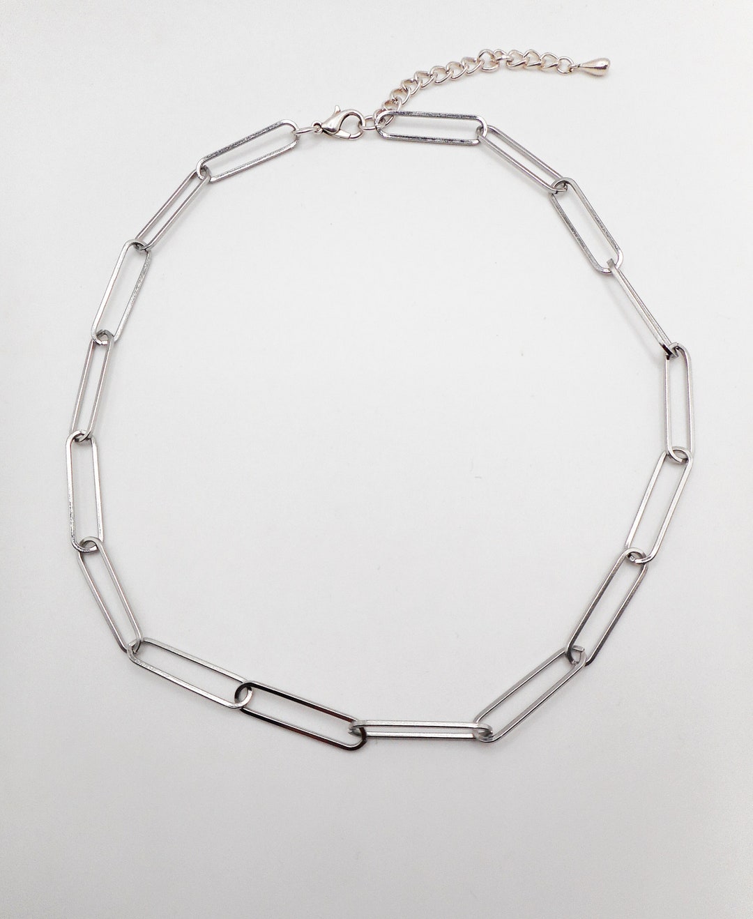 Paperclip Chain Necklace Silver Metal Steel Chain Rectangle Elongated ...