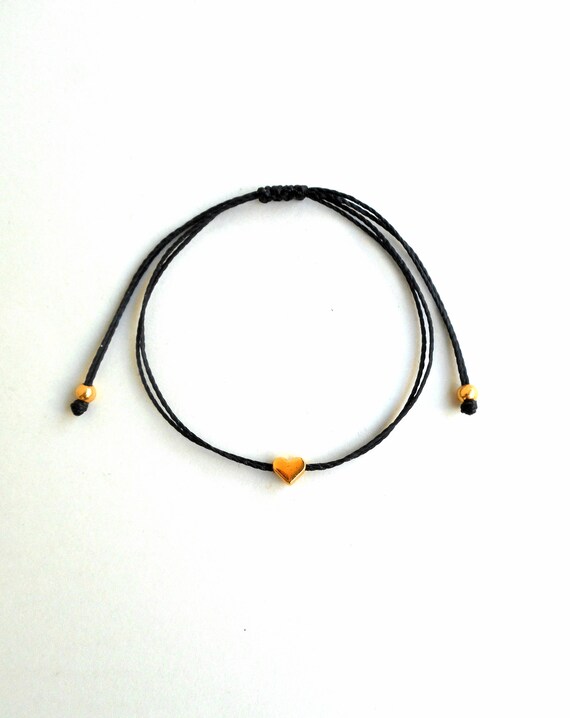 Gold Heart Charm Bracelet Waxed String Bracelet Love | Etsy