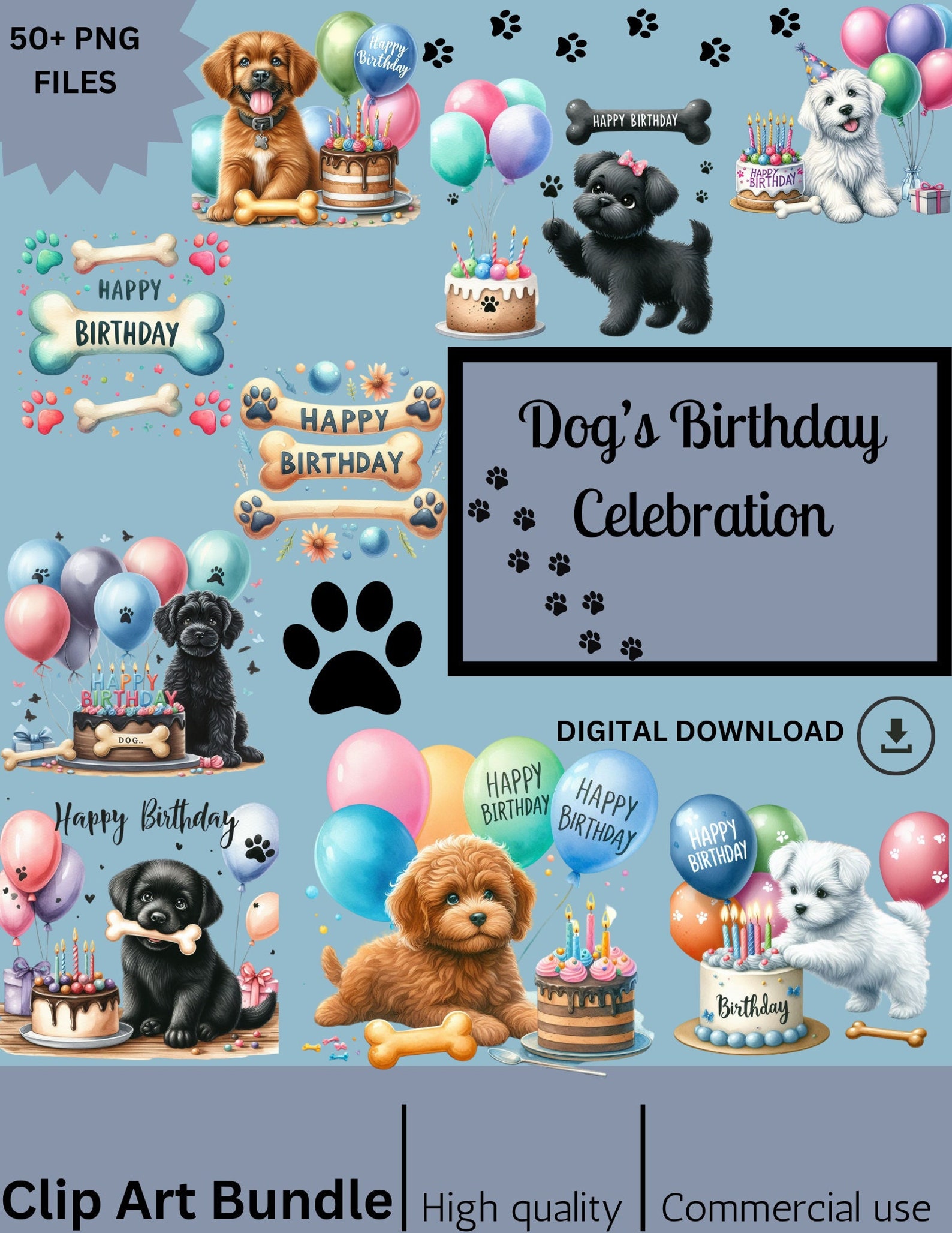 Watercolor Dog Birthday Party Clipart, Ballon Party, Birthday PNG ...