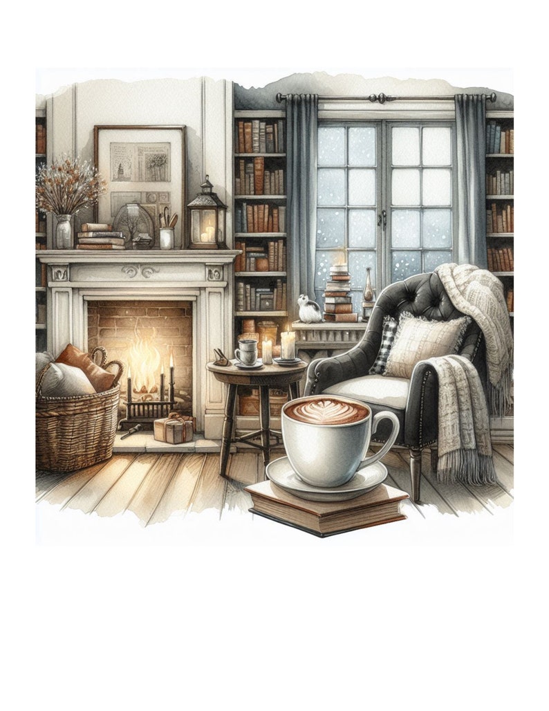 Watercolor Clipart, Printable Png, Cozy Reading Room, Book Lovers ...