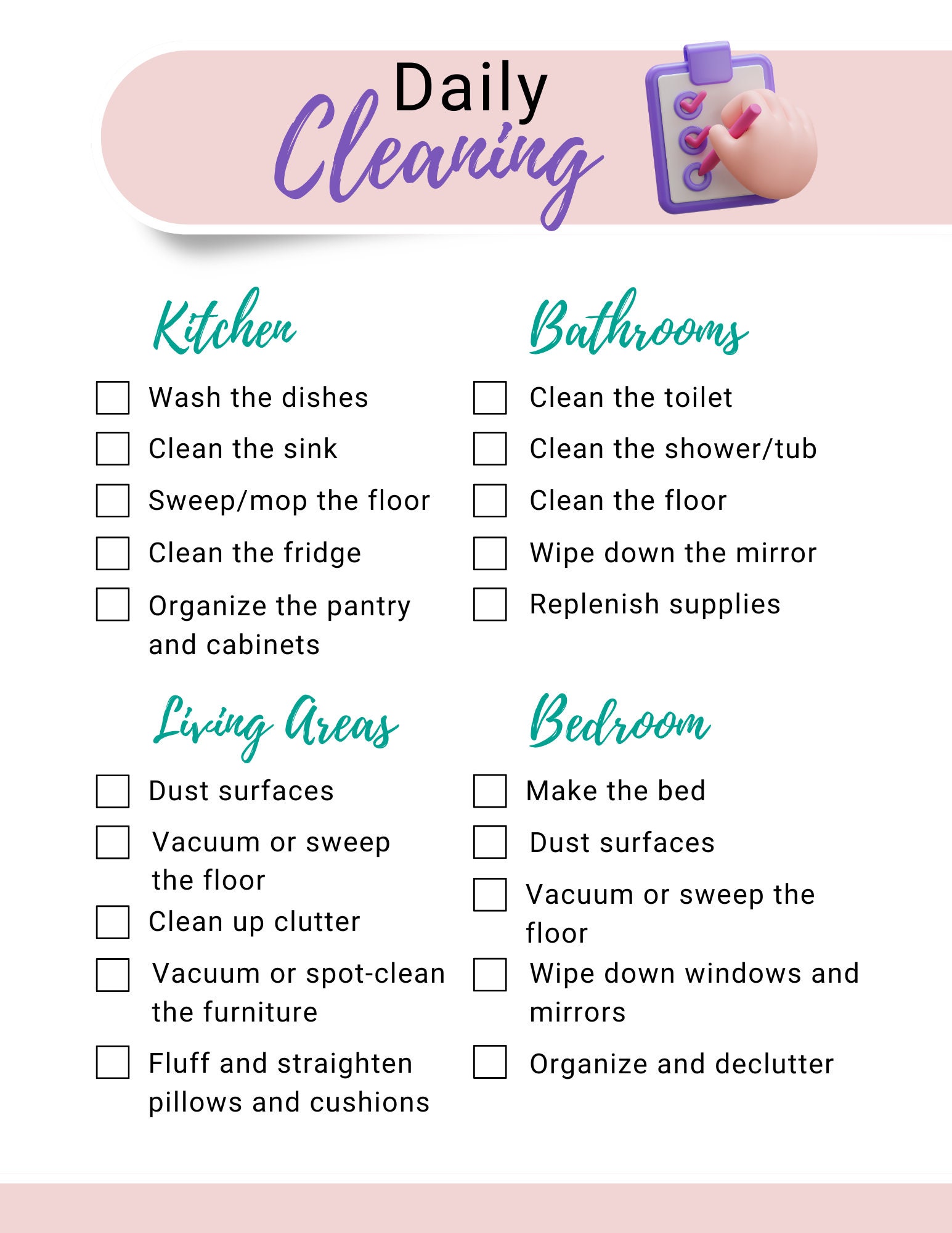 Daily Cleaning Checklist: Printable Checklist, Printable Chores List ...