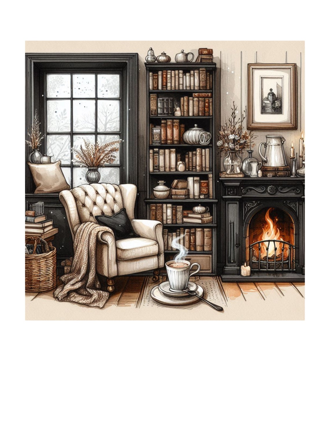 Watercolor Clipart, Printable Png, Cozy Reading Room, Book Lovers ...