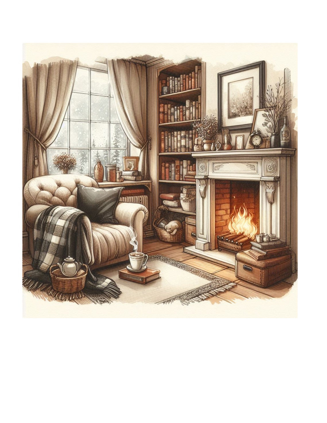 Watercolor Clipart, Printable Png, Cozy Reading Room, Book Lovers ...