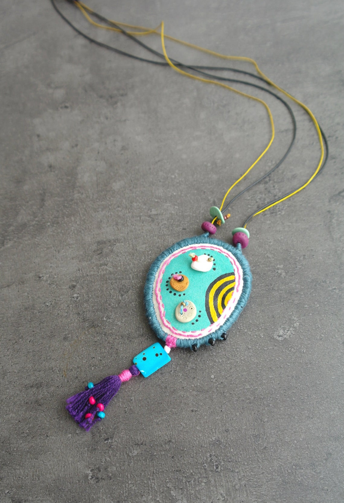 Fabric Necklace With Polymer Clay Beads fimo Beads Hand - Etsy