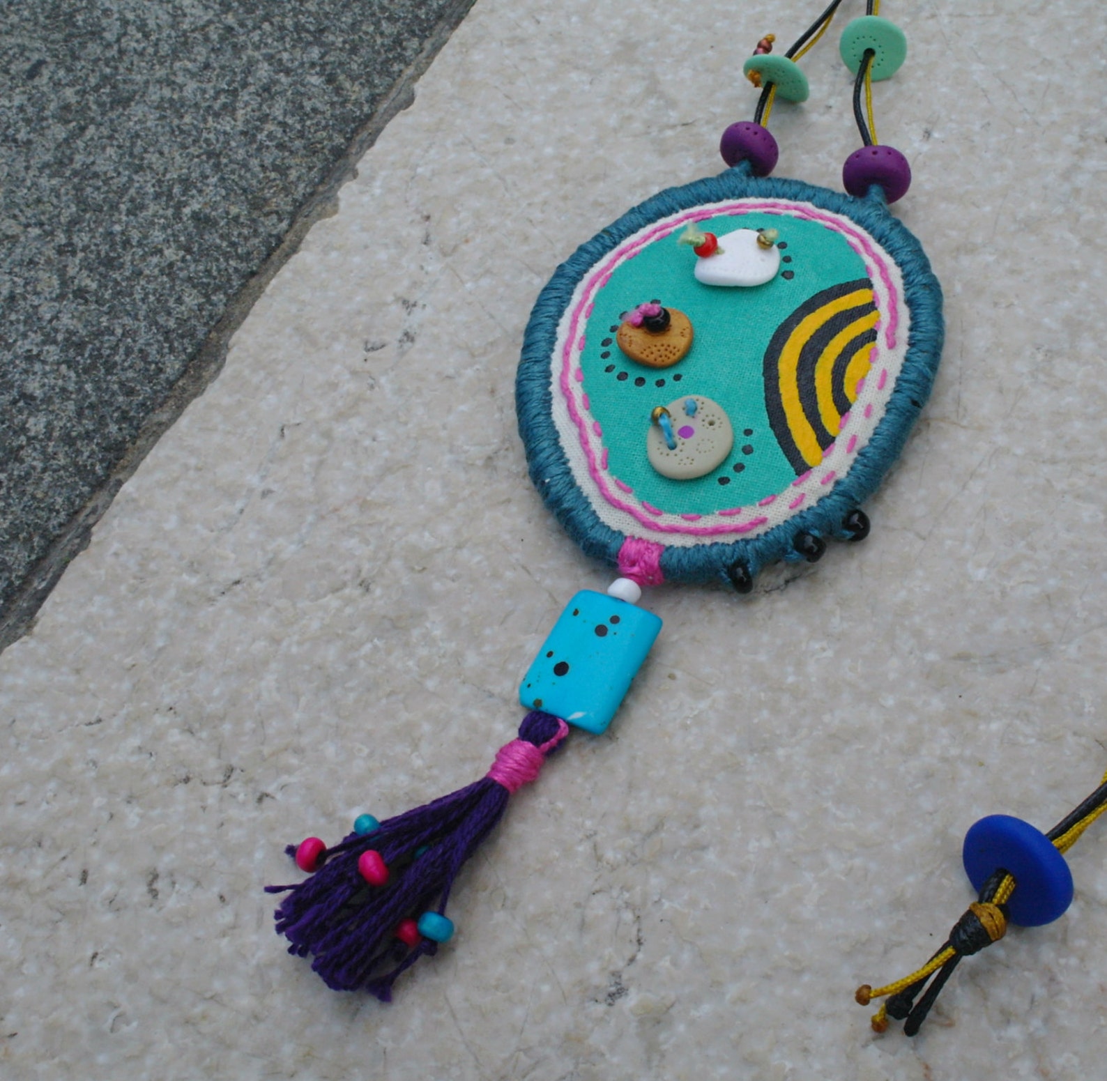 Fabric Necklace With Polymer Clay Beads fimo Beads Hand - Etsy