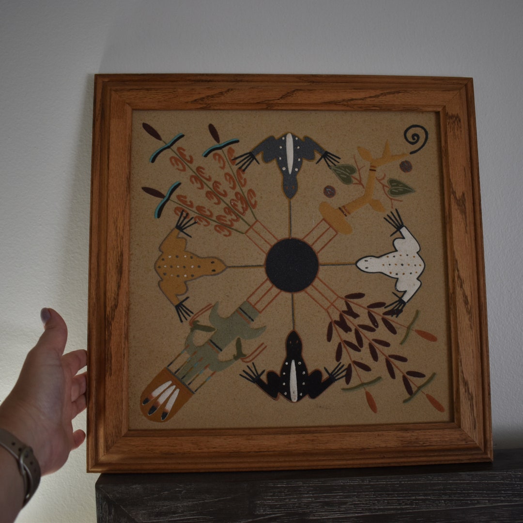 Extra Large Sand Painting Frogs Navajo Art 16x16 Framed Native American ...