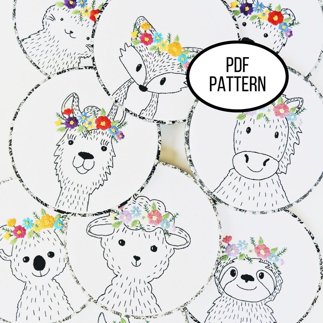 Hand Embroidery PDF Pattern. Floral Crown Animal Design Digital ...