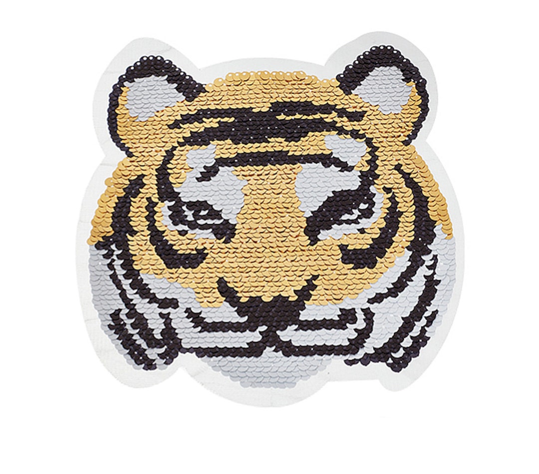 Tiger Mascot Patches Appliques, Gold and Silver Sequins, High School, Gold, Silver, Black, White ...