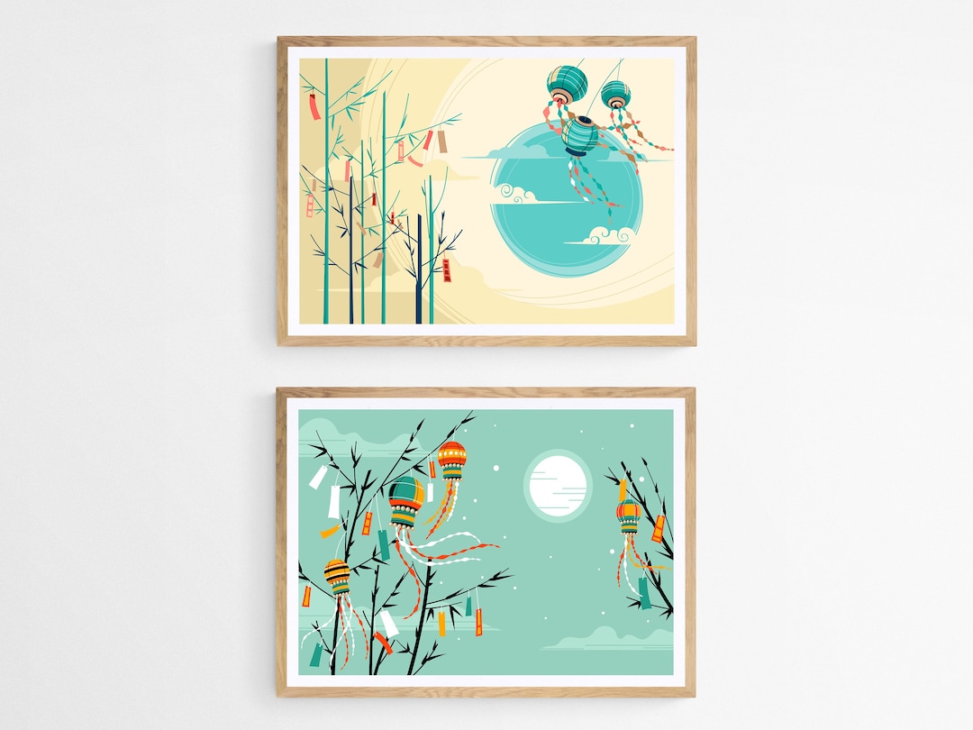 Set of 2 Japanese Illustrated Poster Prints Tanabata Matsuri - Etsy