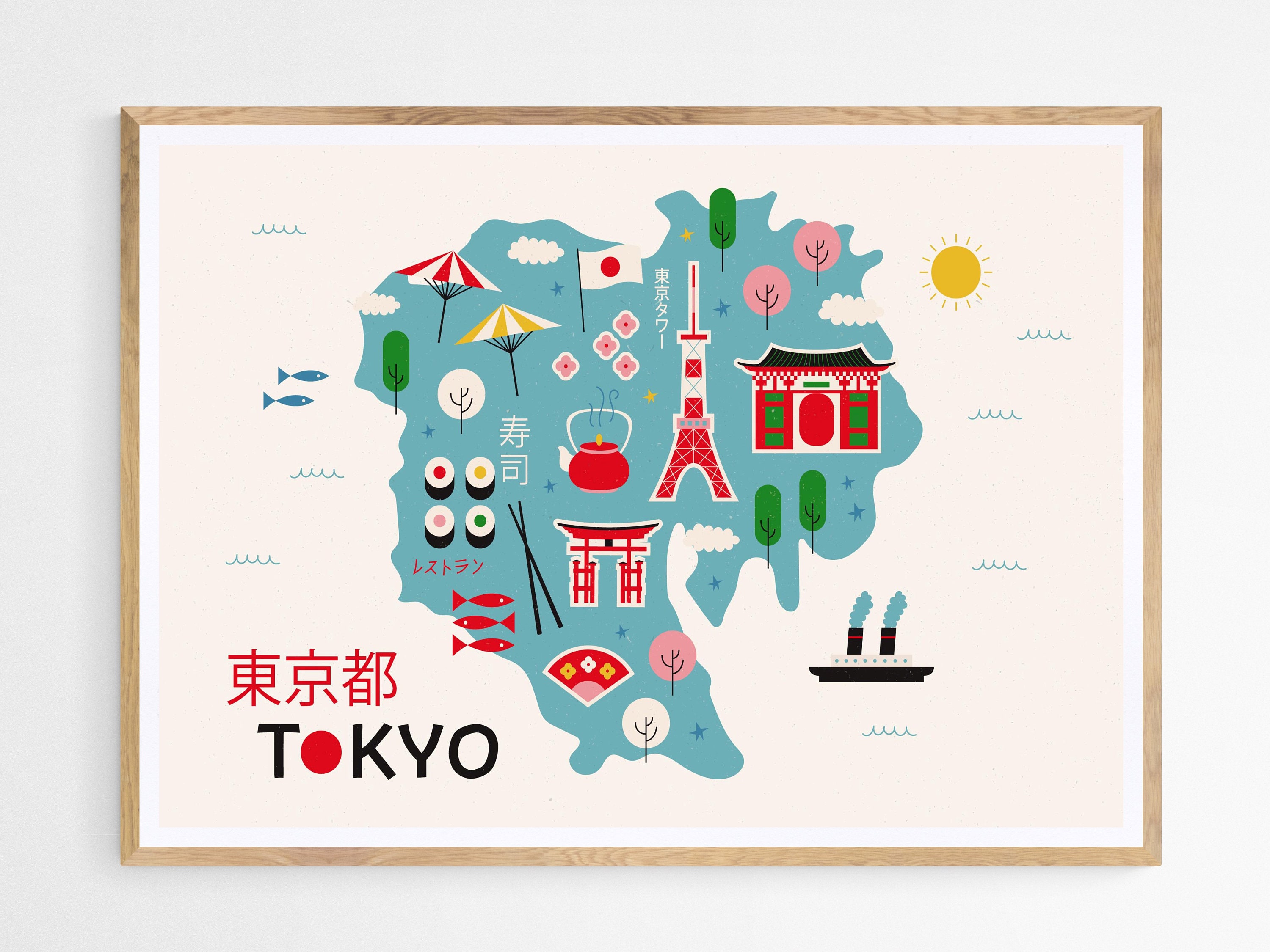 Tokyo Area Map Japanese Illustrated Poster Print Cute Kawaii Design A4 ...