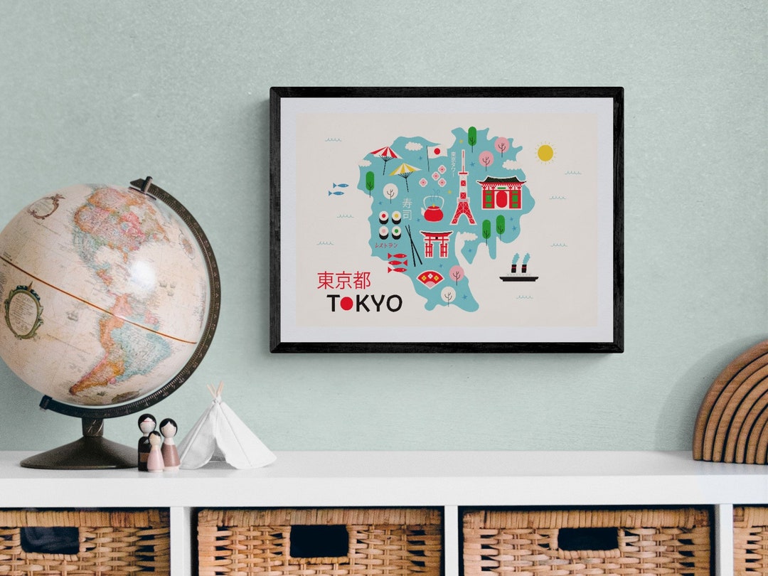 Tokyo Area Map Japanese Illustrated Poster Print Cute Kawaii Design A4 ...