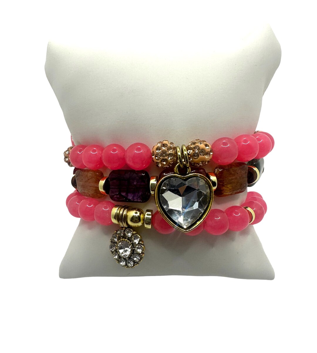 Pink Glass, Rhinestone, Heart, Dangle, Trio, Stretchy Cord Bracelet ...