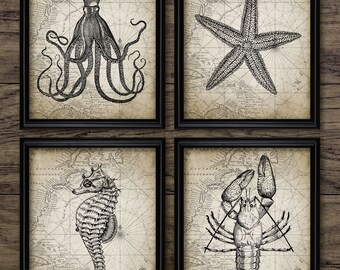 Marine Biology Print Set Of 4 Bathroom Decor Poster | Etsy