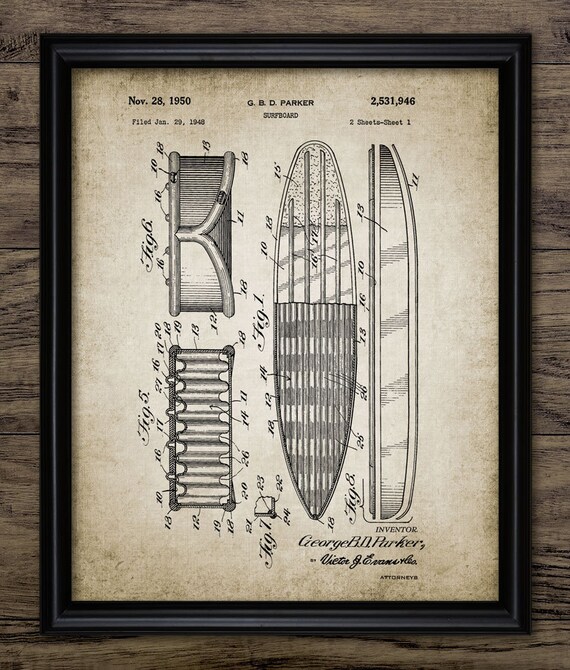Prints Wall Hangings Surfer Gift Beach Art Beach House Decor Surfboard Patent Print Surf Art ...