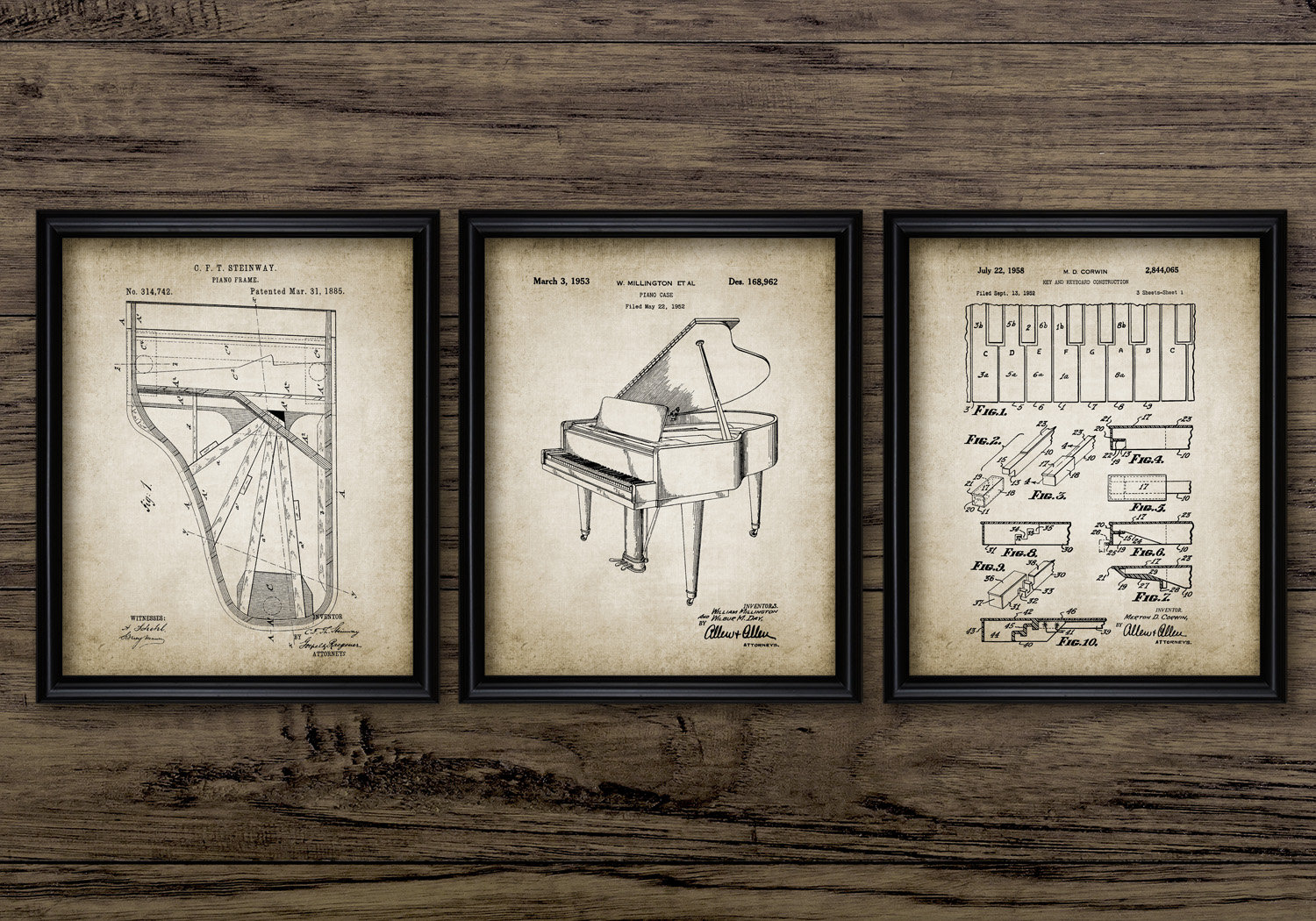 Piano Wall Art Set Of 3 Piano Keys Patent Design Sala De - Etsy España