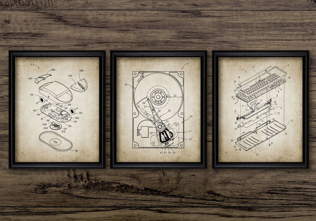 Computer Wall Art Set of 3, Hard Drive Data Storage Design, Mouse ...