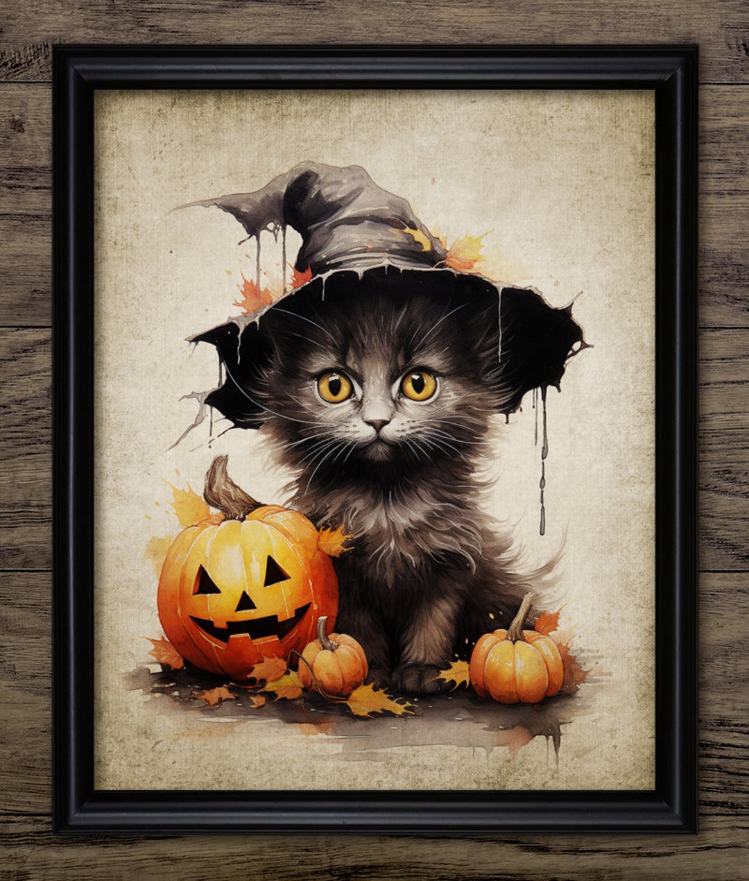 Halloween Kitten Wall Art, Printable Cute Kitten, Pumpkin, Dark Art ...