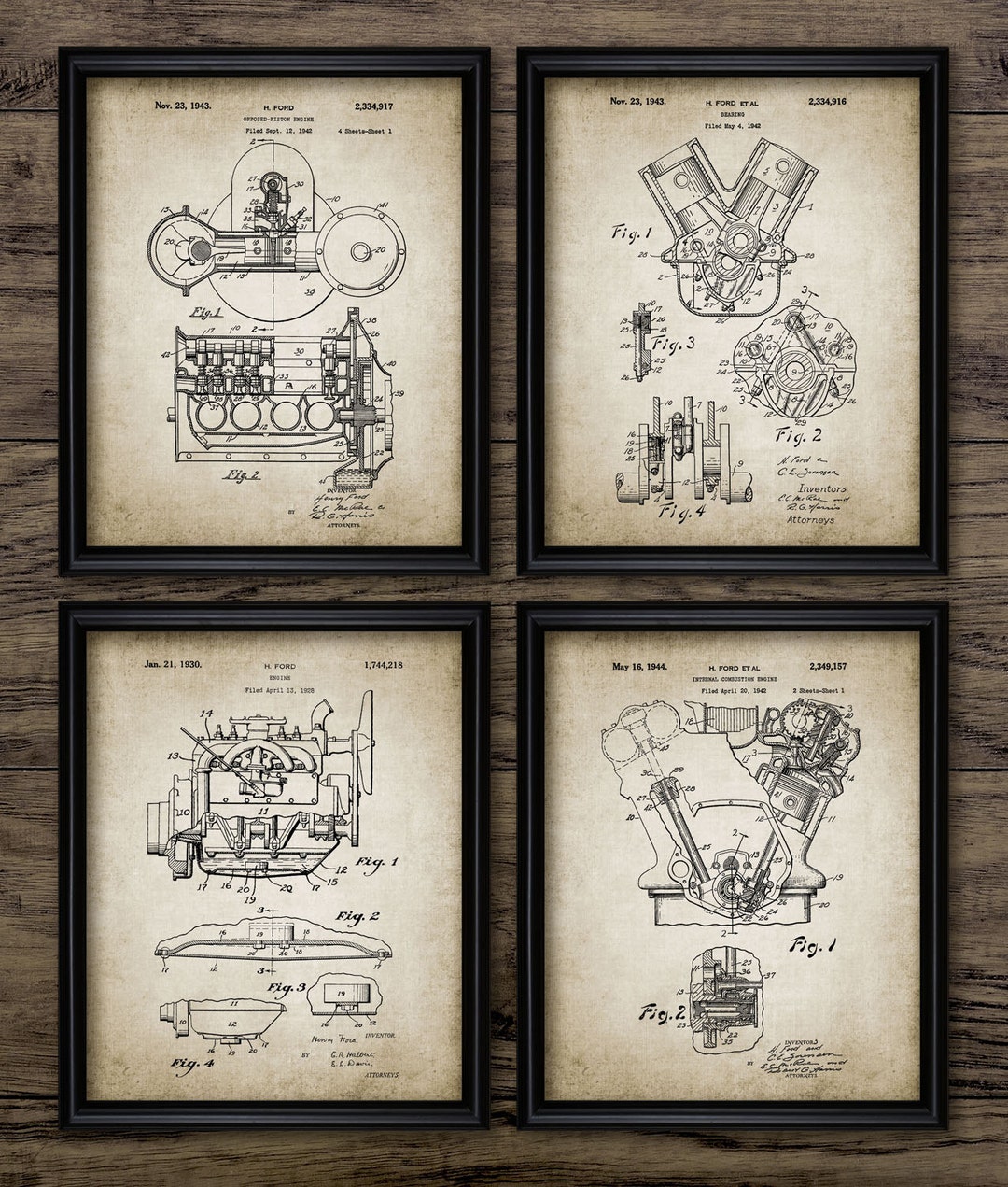 Vintage Car Engine Wall Art Set of 4, Printable Car Engine Design ...
