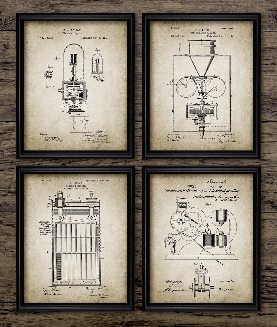 Thomas Edison Invention Wall Art Set of 4, Light Bulb, Electric Printer ...