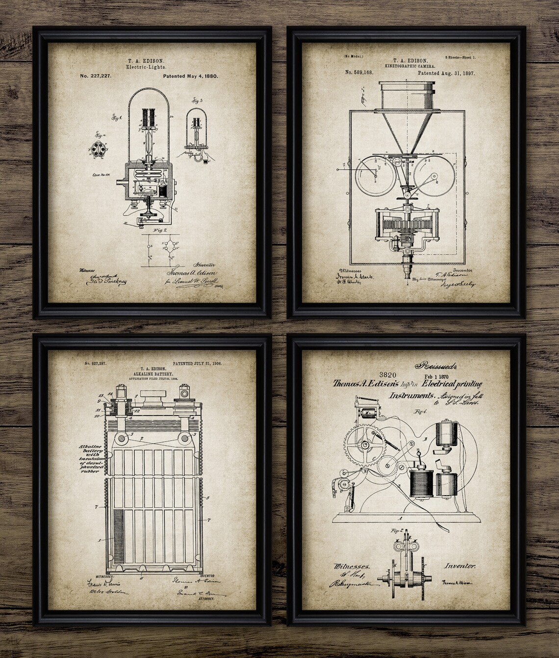 Thomas Edison Invention Wall Art Set of 4, Light Bulb, Electric Printer ...