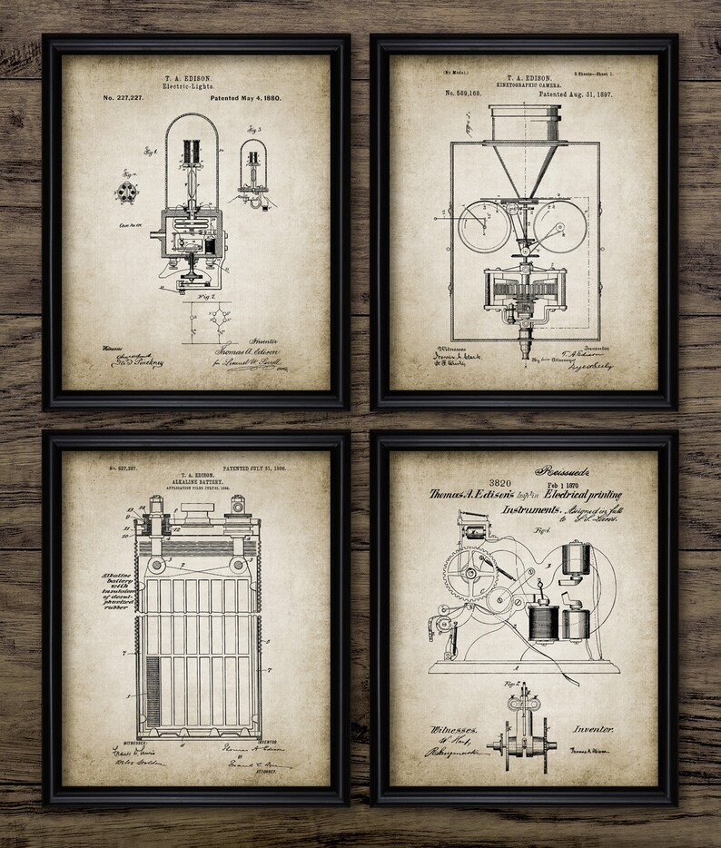 Thomas Edison Invention Wall Art Set of 4, Light Bulb, Electric Printer ...