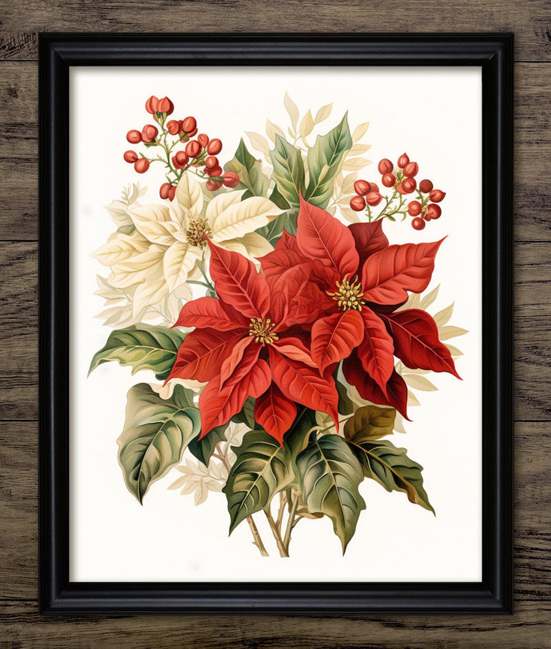 Christmas Poinsettia Wall Art, Printable Poinsettia Plant, Vintage ...