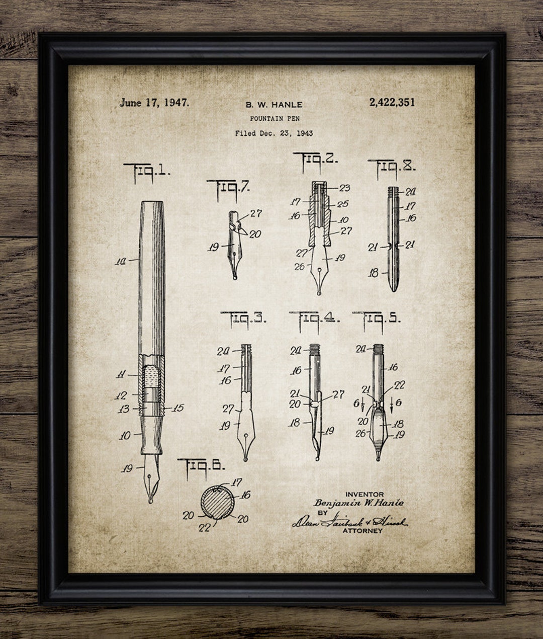 Fountain Pen Wall Art, Printable Fountain Pen, Pen Patent, 1947 ...