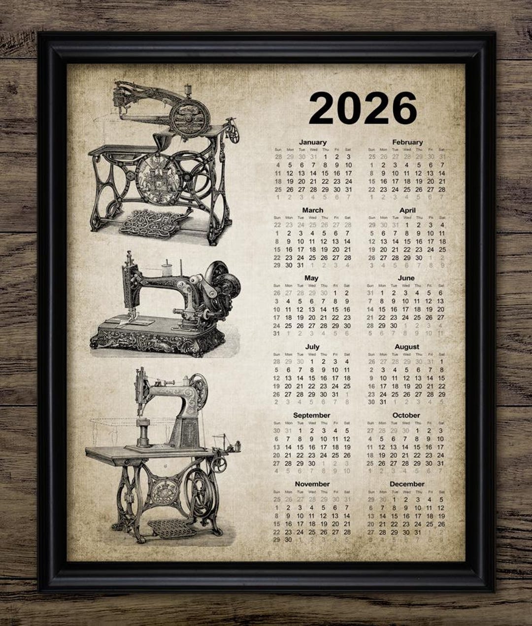 Vintage Sewing Machine Calendar 2026, Rustic Sewing Room, Printable ...