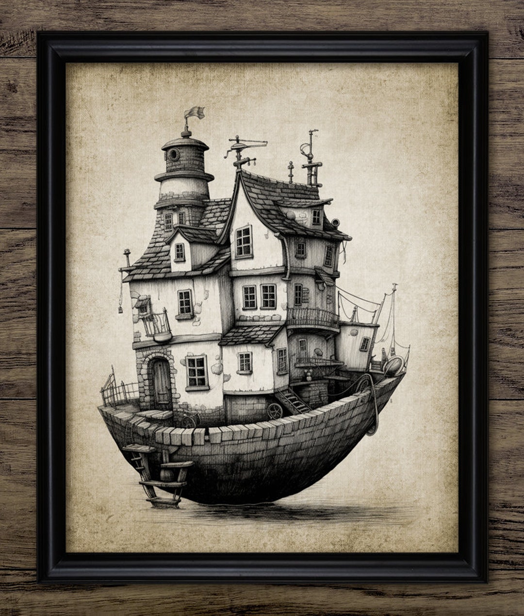 Whimsical House Wall Art, Printable Houseboat, Whimsical Home, Fantasy ...