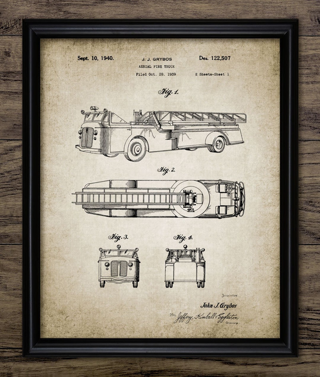 Vintage Fire Truck Wall Art, Printable 1940 Fire Truck Design ...