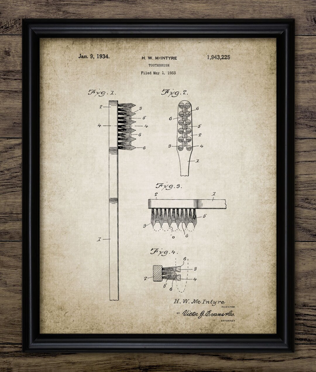 Vintage Toothbrush Wall Art, Printable 1934 Toothbrush Design, Oral ...