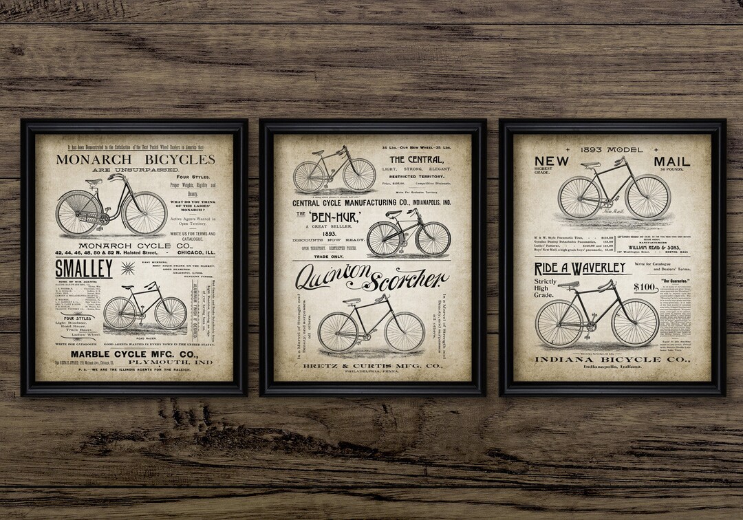 Vintage Bicycle Advertising Wall Art Set of 3, Printable Bicycle Advert ...