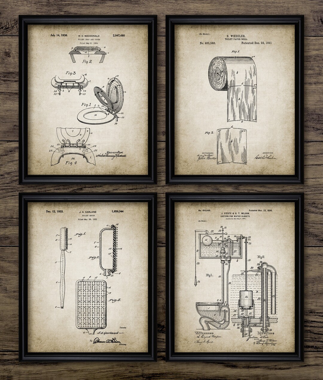 Bathroom Wall Art Set of 4, Toilet Seat, Toilet Roll, Lavatory Design ...