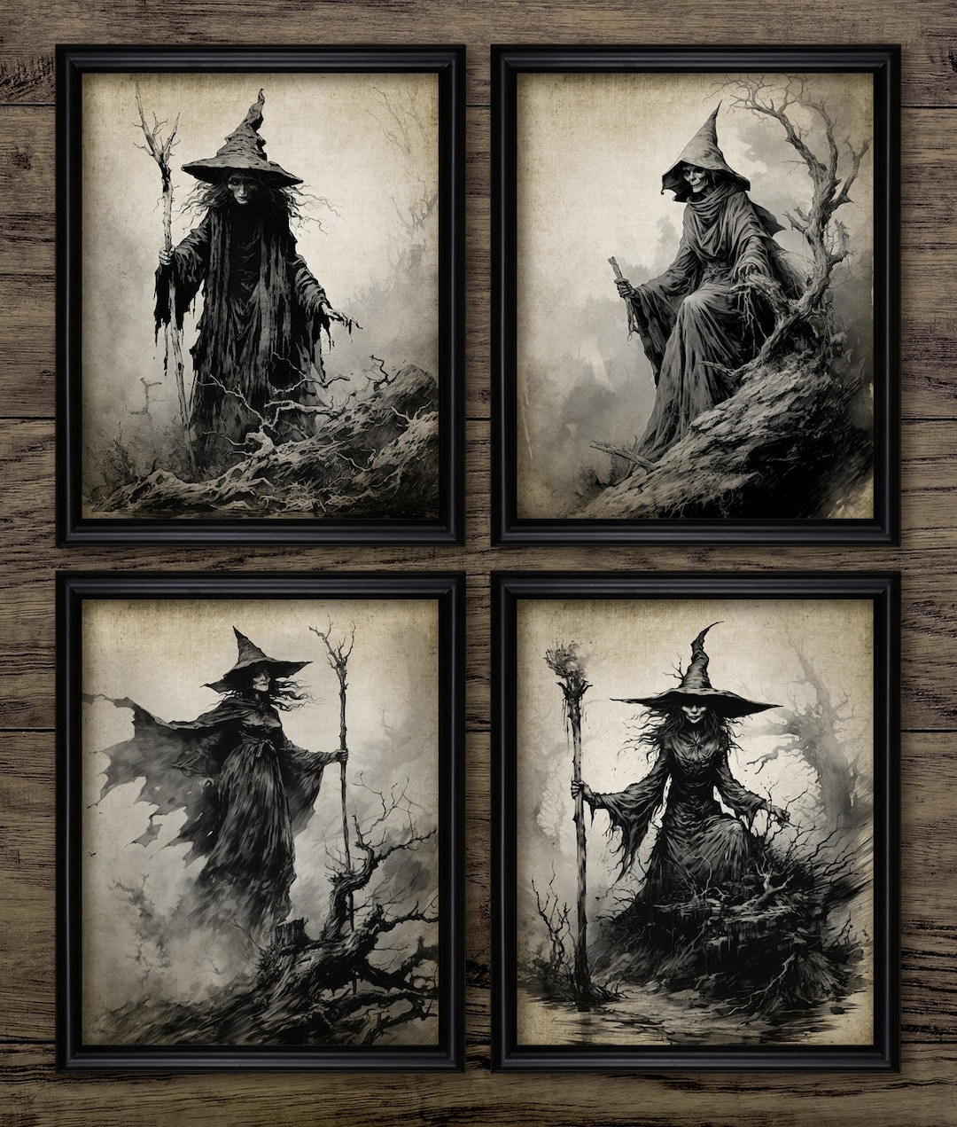 Witch Wall Art Set of 4, Printable Witchcraft, Supernatural, Black ...