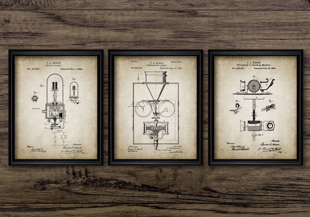 Vintage Thomas Edison Invention Wall Art Set of 3, Light Bulb ...