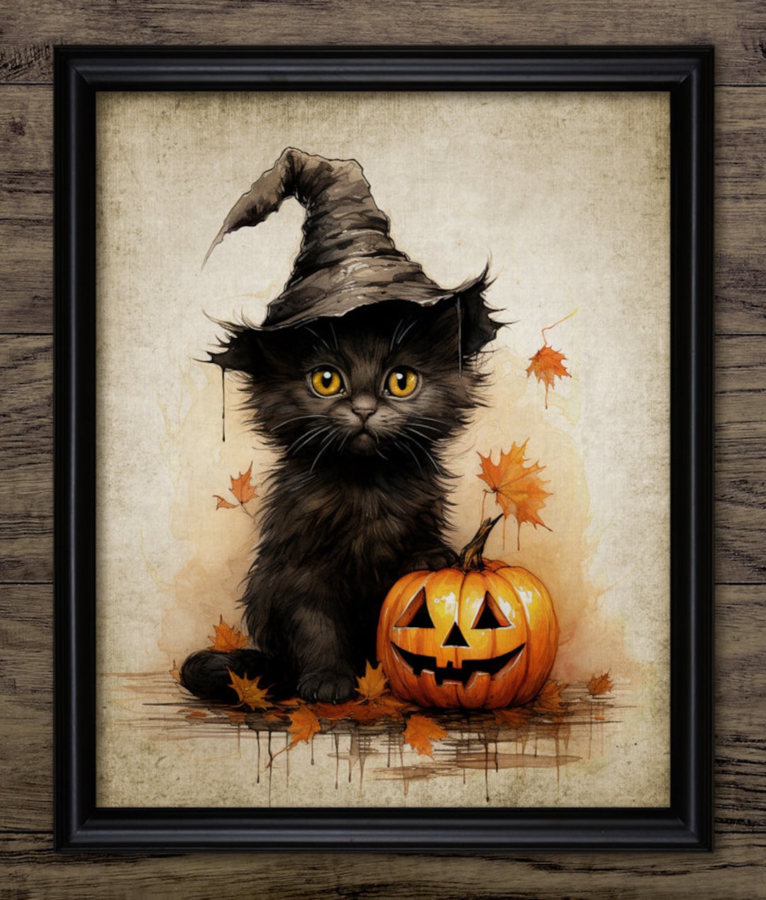 Halloween Kitten Wall Art, Printable Cute Kitten, Pumpkin, Dark Art ...