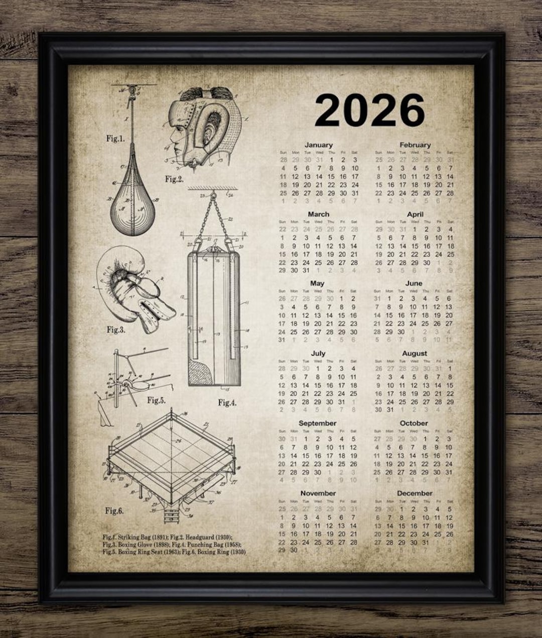 Boxing Calendar 2026, Vintage Boxing Equipment Design, Boxer Gift Idea ...
