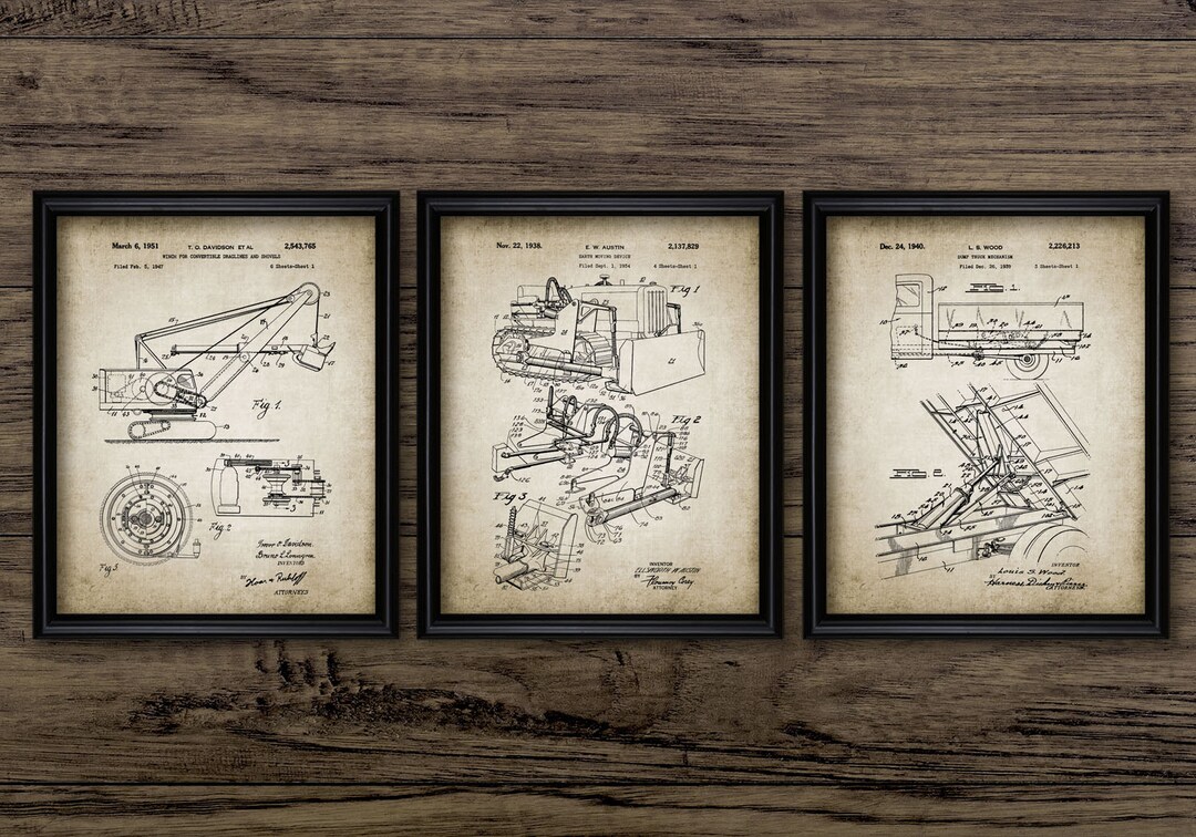 Open Cast Mining Wall Art Set of 3, Dump Truck, Bulldozer Earth Mover ...