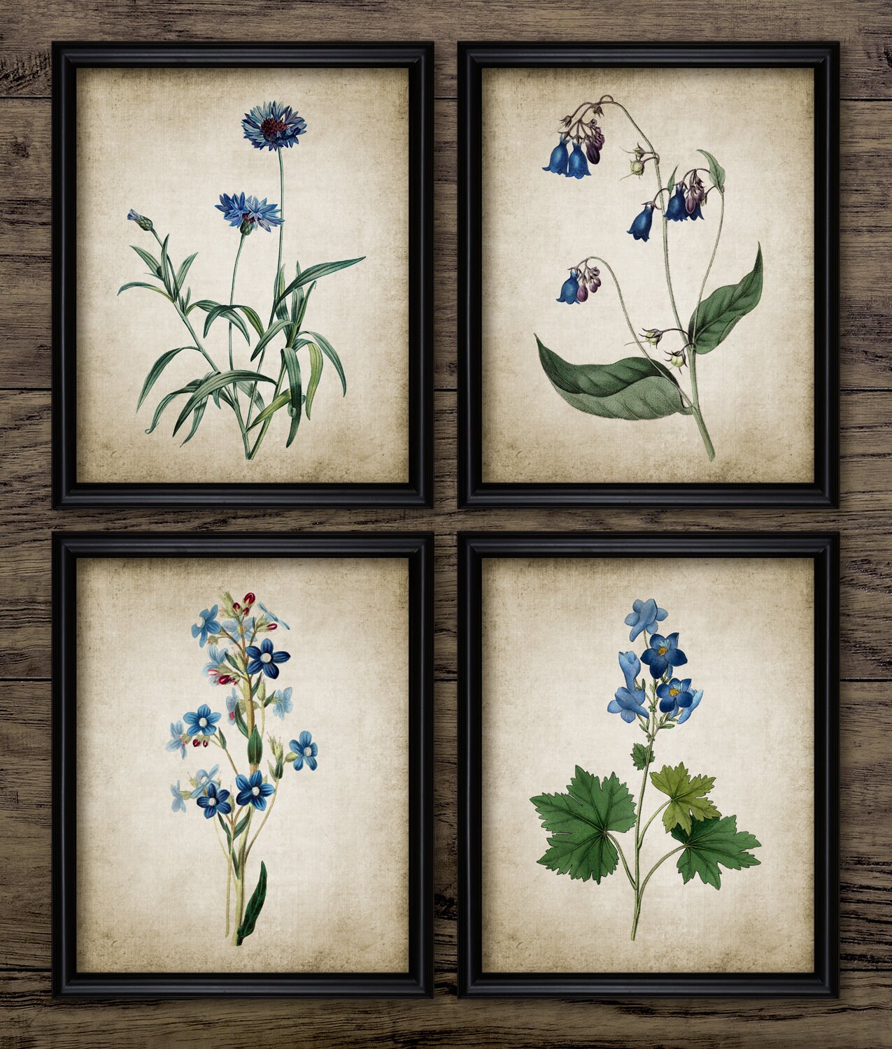 Blue Flower Wall Art Set of 4 Printable Blue Flowers Vintage | Etsy