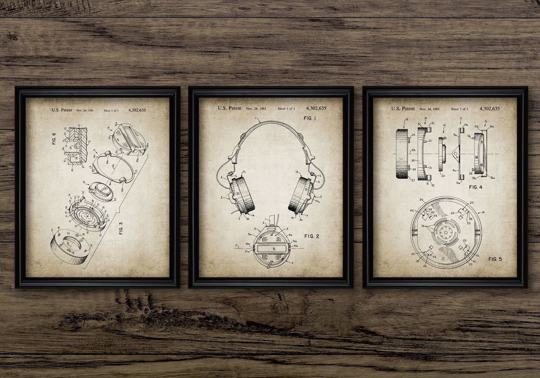 Headphones Wall Art Set of 3, Printable Retro Headphone Design, Audio ...