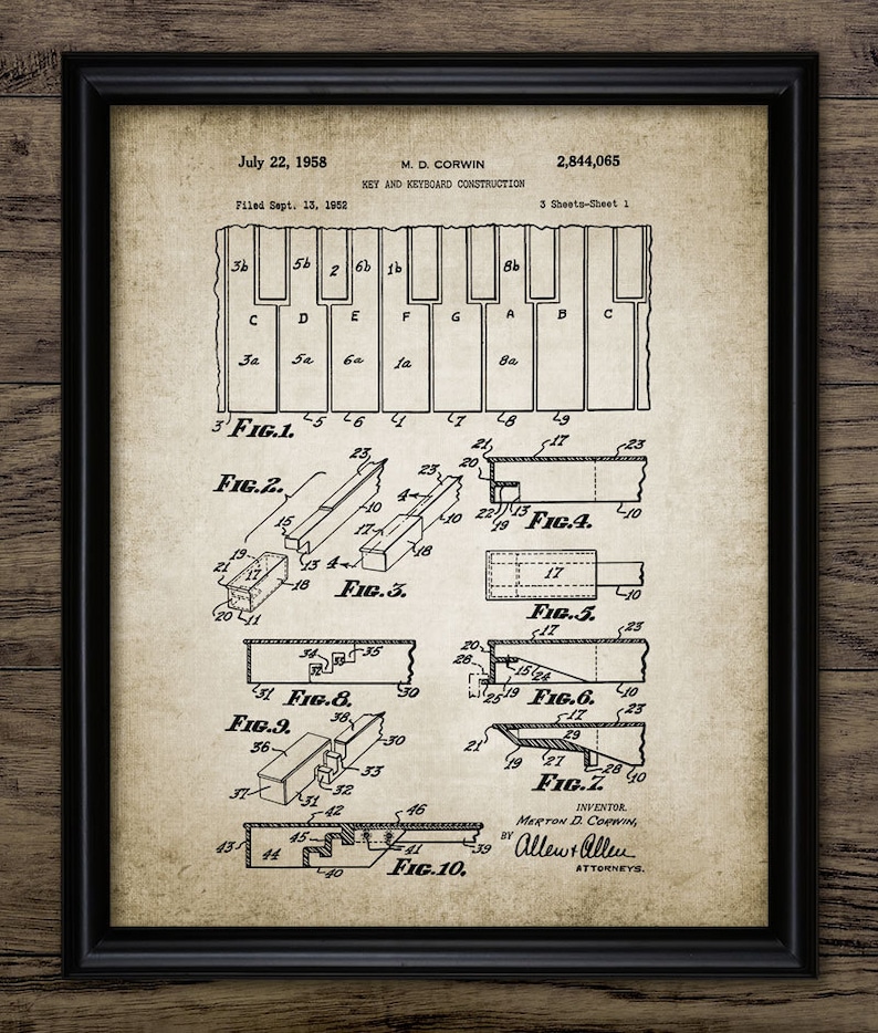 Vintage Piano Keys Patent Wall Art, Pintable Keyboard, Music Bedroom ...