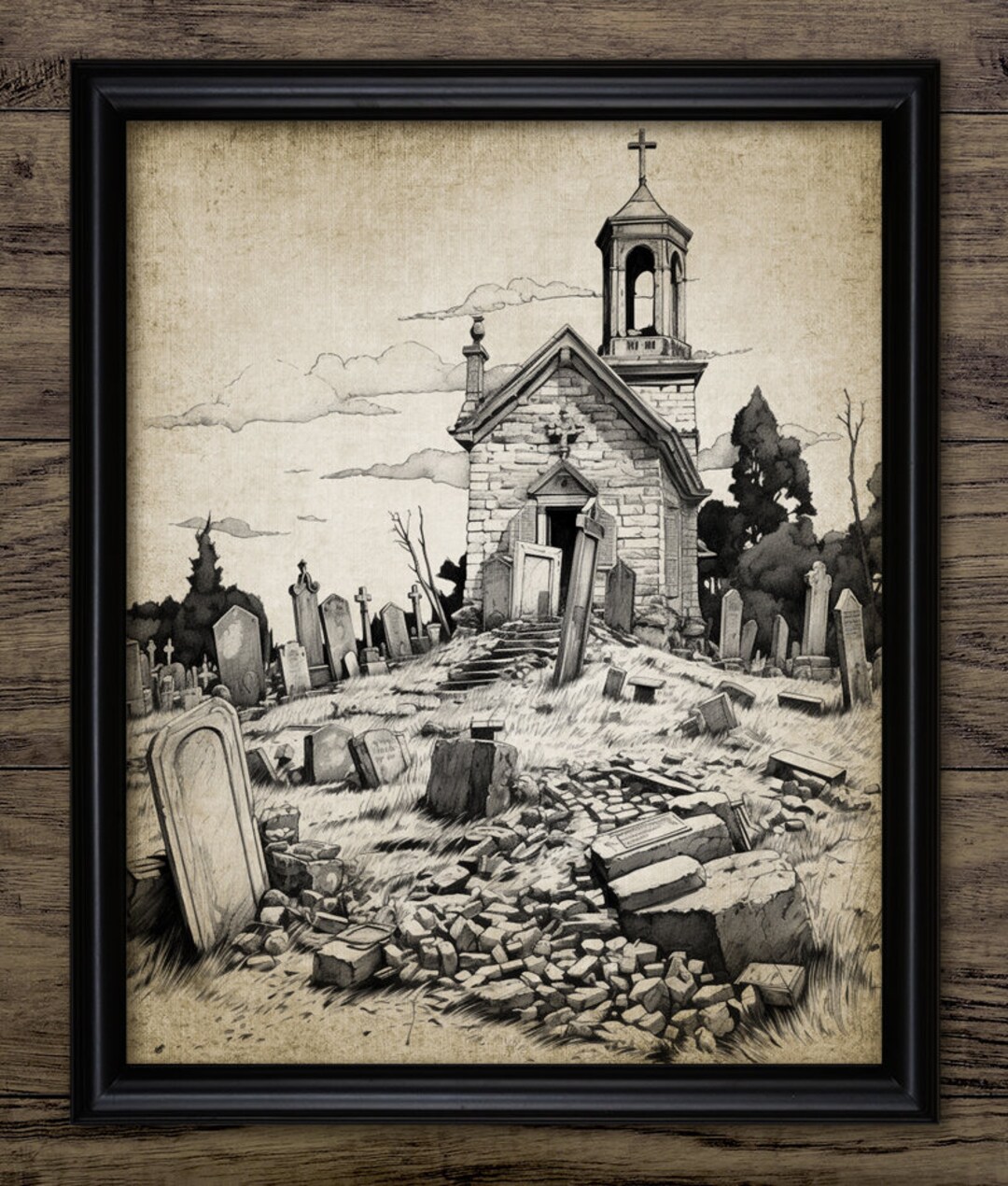 Gothic Graveyard Wall Art, Printable Church Cemetery, Old Graveyard ...