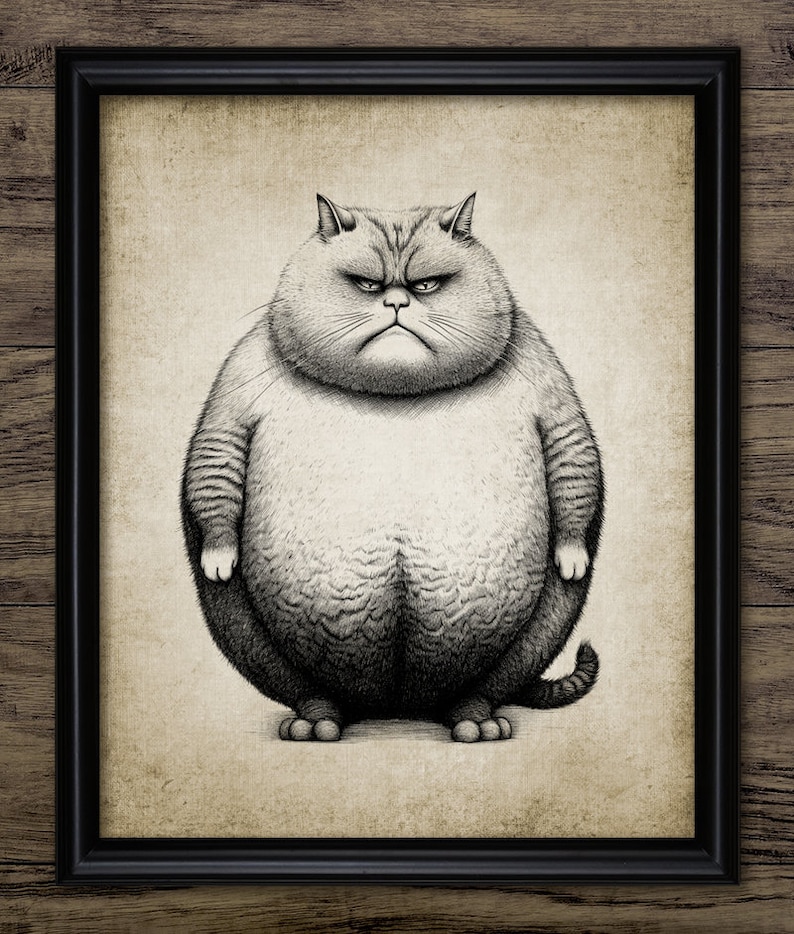 Sad Fat Cat Wall Art, Printable Whimsical Cat, Funny Cat Art, Cat Lover ...