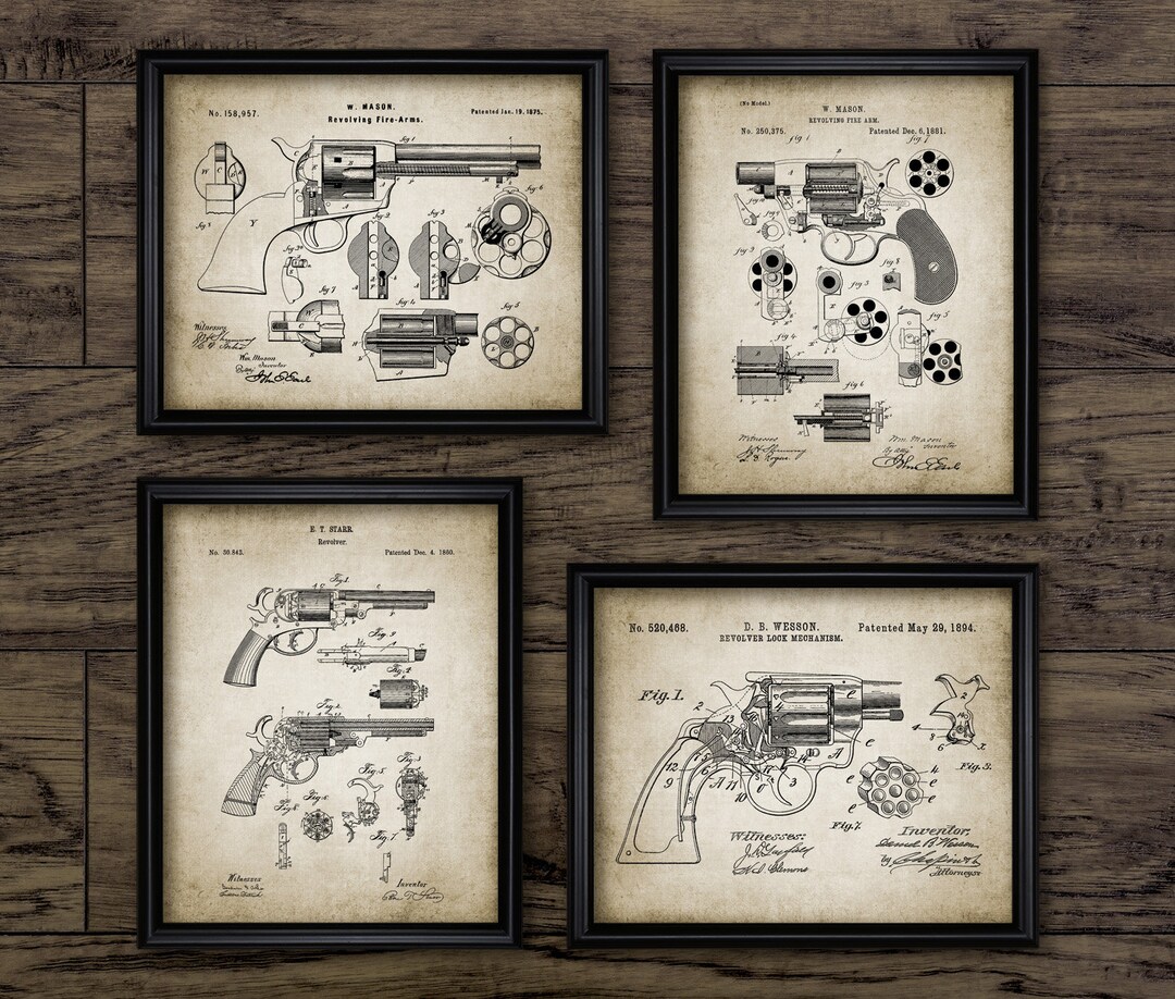 Vintage Revolver Gun Wall Art Set of 4, Printable Firearm, Hand Gun ...