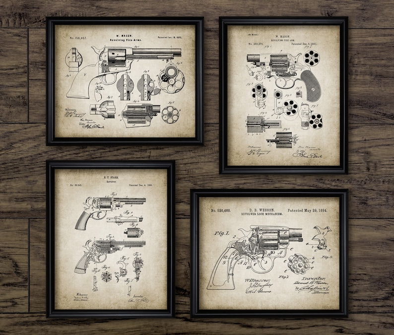 Vintage Revolver Gun Wall Art Set of 4, Printable Firearm, Hand Gun ...
