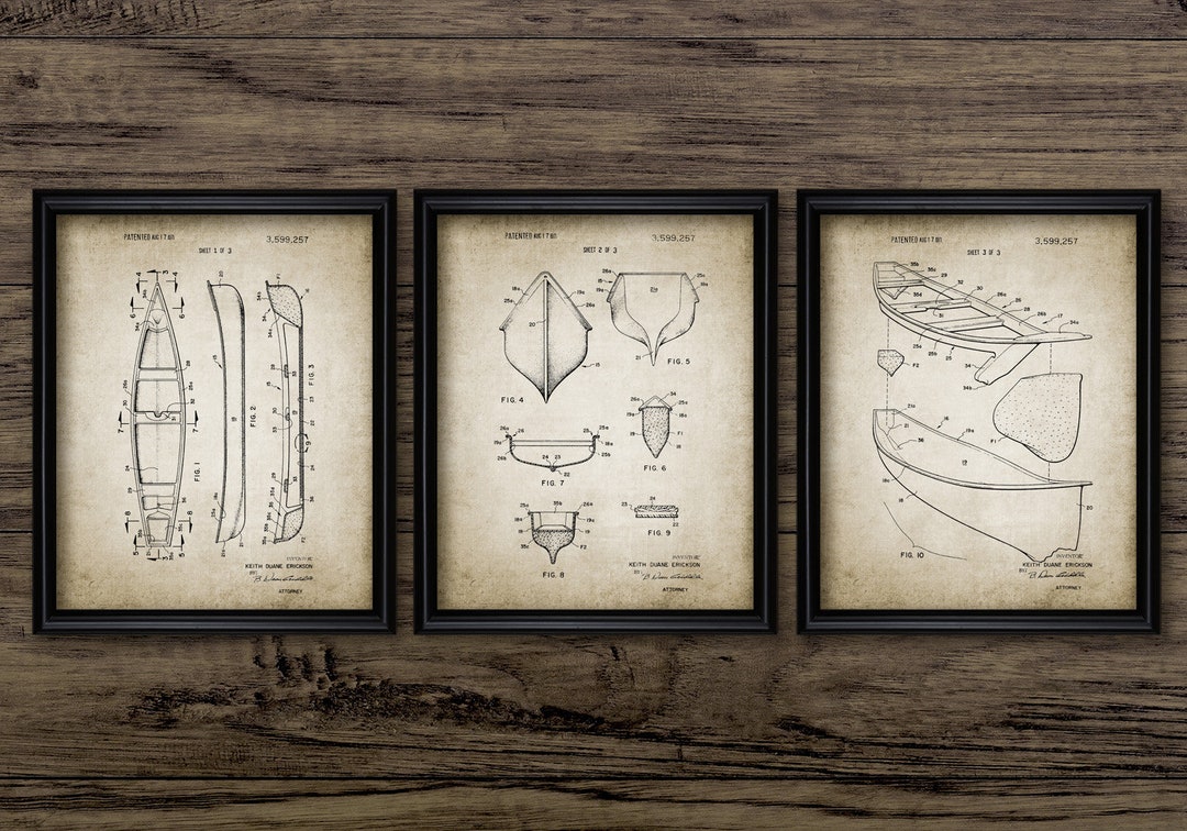 Vintage Canoe Wall Art Set of 3, Canoe Design, Canoe Invention ...