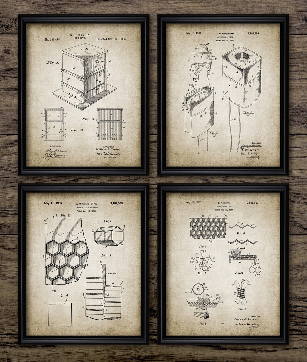 Vintage Beekeeping Wall Art Set of 4, Honey Bee, Queen Bee, Beehive ...