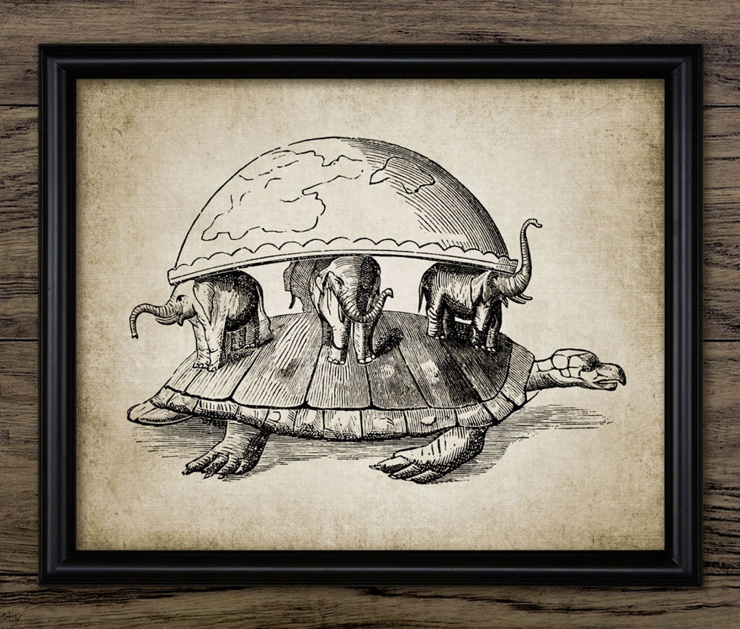 Turtle and Elephant World Art, Printable Whimsical Indian Myth of Earth ...